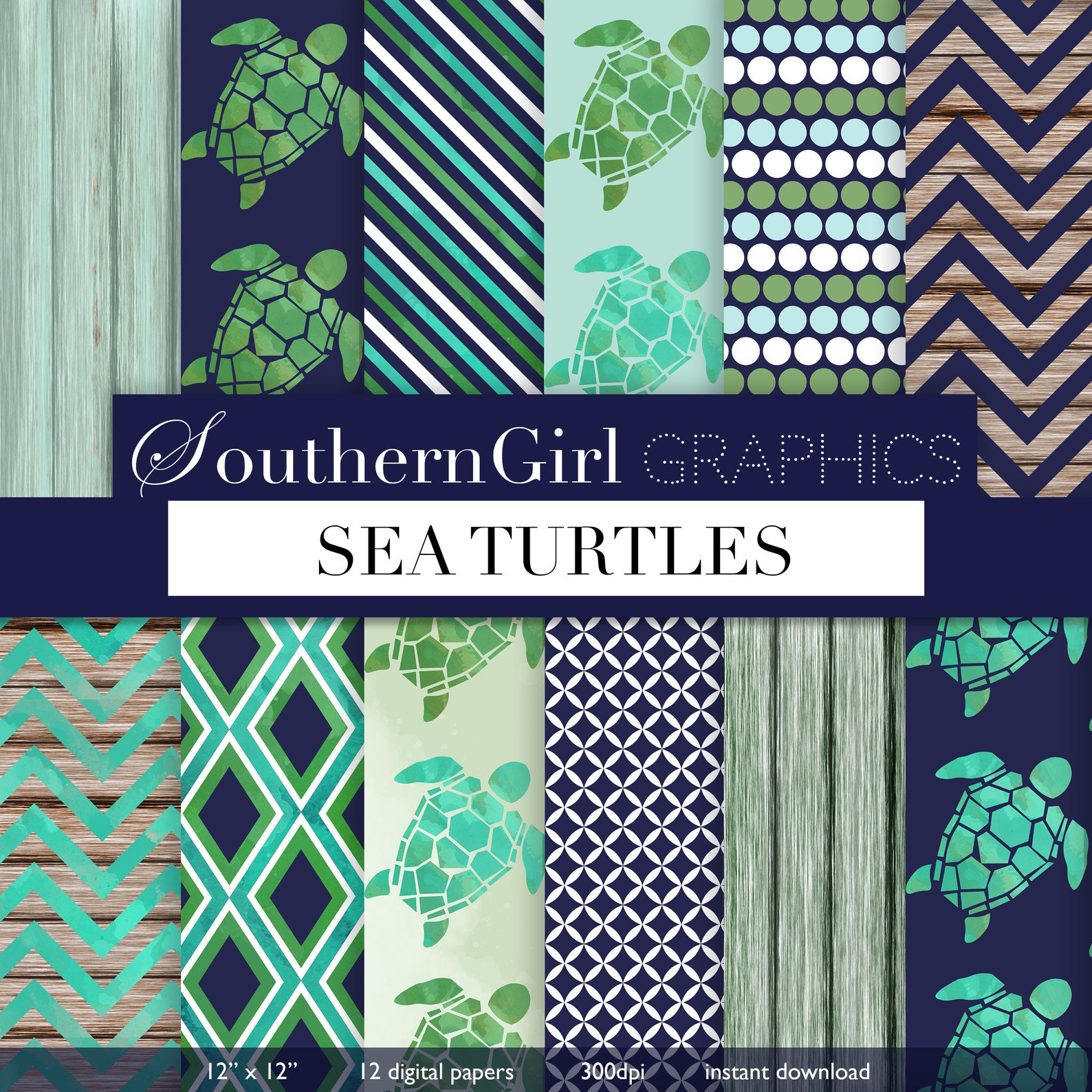 Sea Turtle Digital Paper Pack: Watercolor Nautical Patterns (digital ...