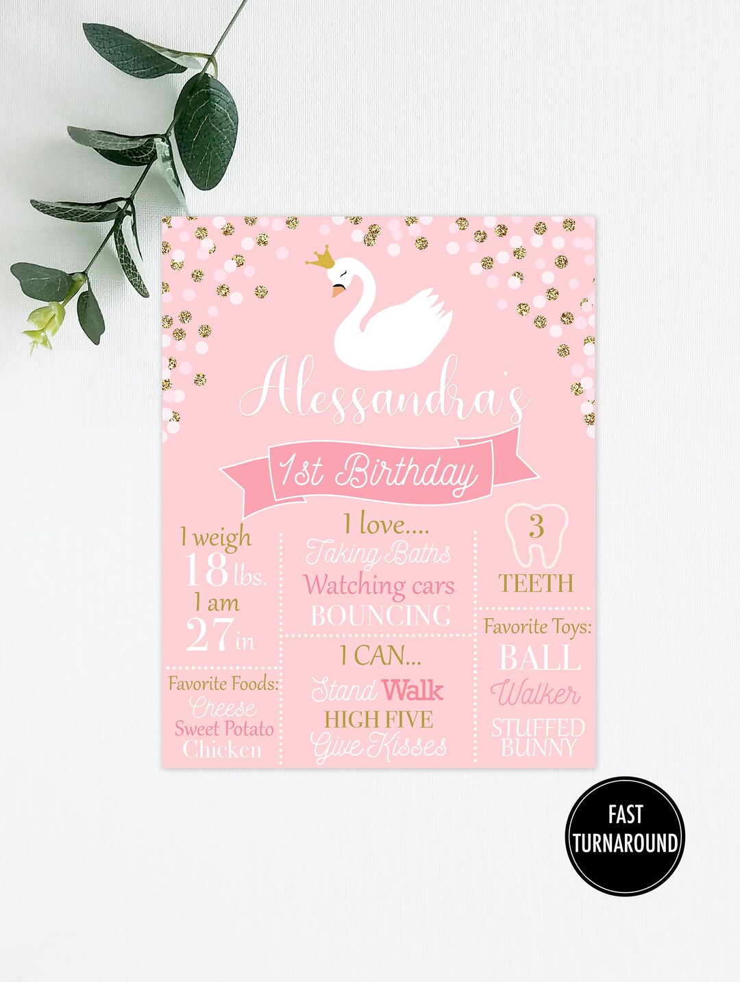 Swan Milestone Chart Printable: Swan First Birthday, Milestone, Sign ...