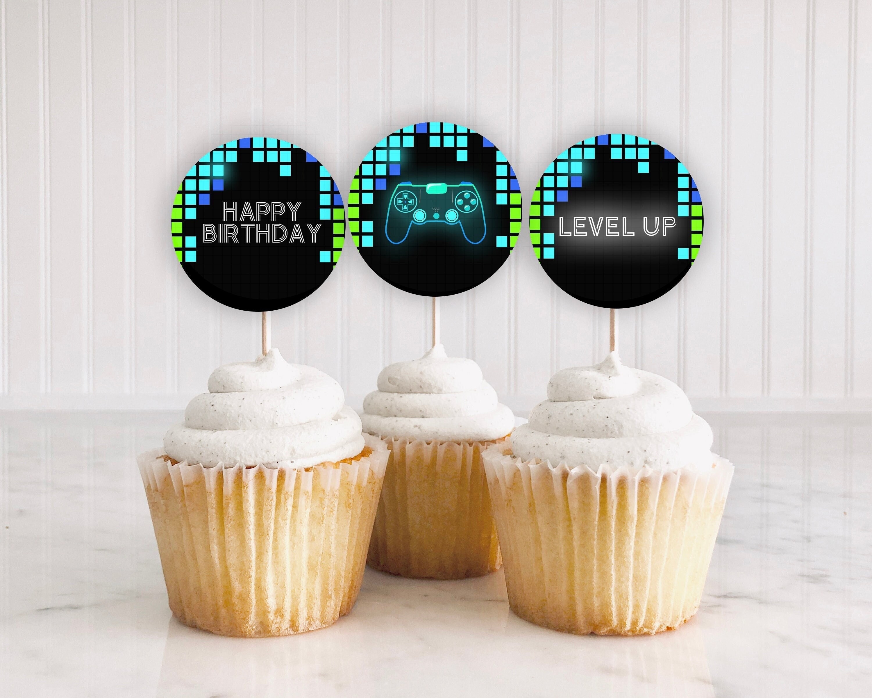 Gamer Cupcake Toppers Printable: "gaming CUPCAKE Topper" Blue Video ...