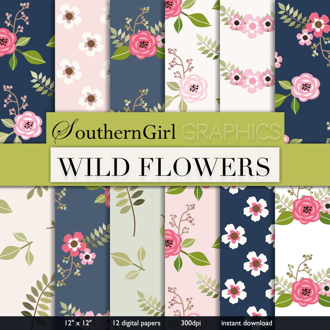 Navy Flower Digital Paper: "wild Flowers" With Navy and Pink Floral ...