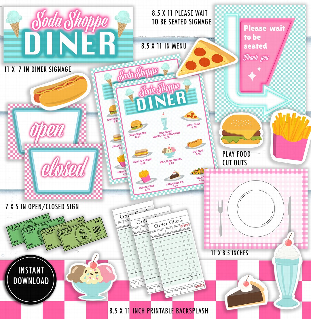 Restaurant Diner Pretend Play Printable Bundle: "soda Shoppe" Pink, Ice ...