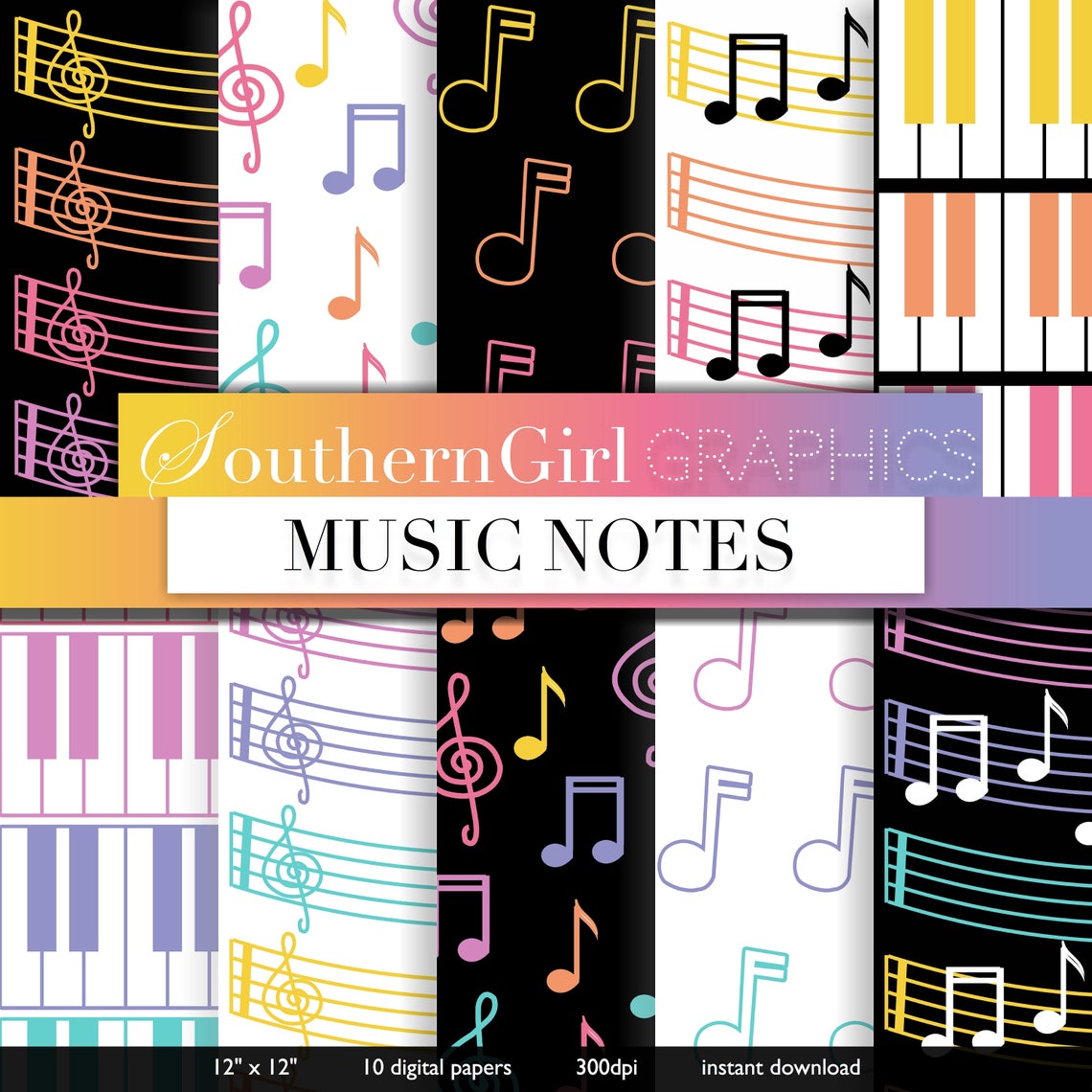 Music Digital Paper music Notes With Bright Neon | Etsy