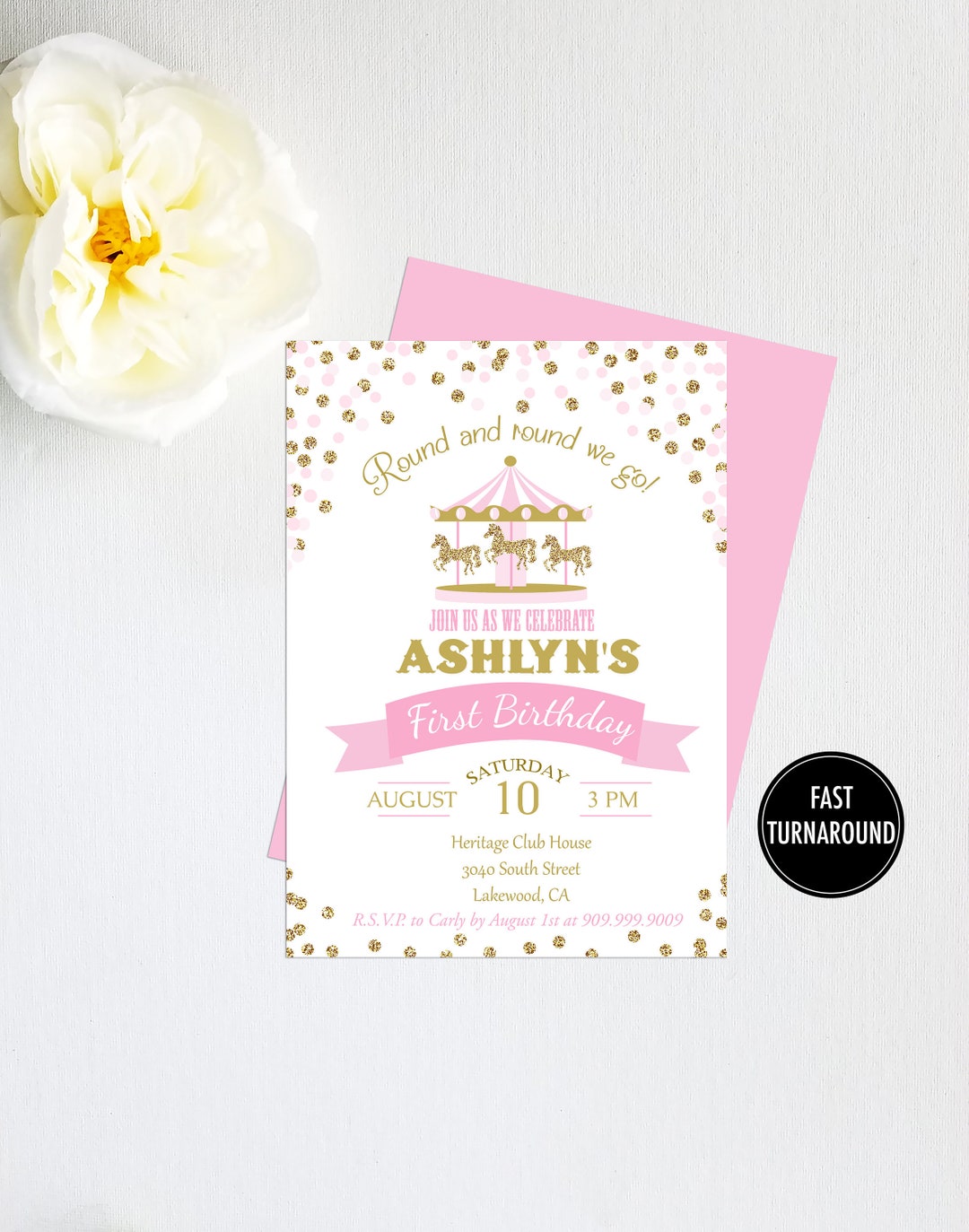 Pink Carousel Confetti Invitation Digital File: "carousel Invitation ...