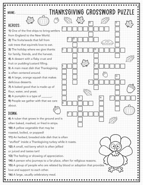 Thanksgiving Crosswords For Middle School