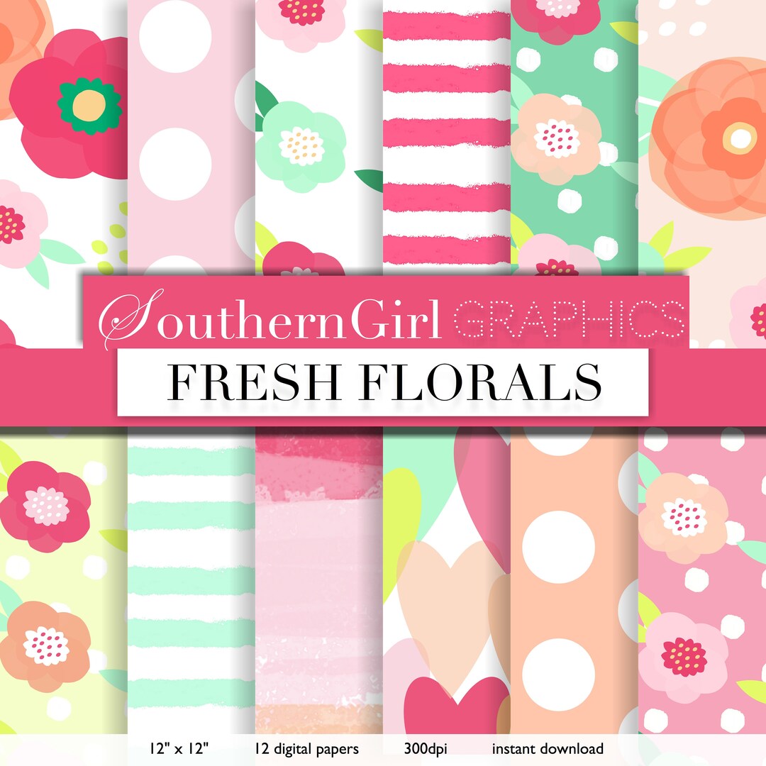 Pink Mint Peach Digital Paper: "fresh Florals" With Pink, Peach, Mint ...