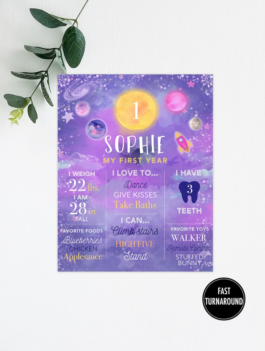 Space Milestone Chart Printable: Girly, Purple, Outer Space Birthday ...