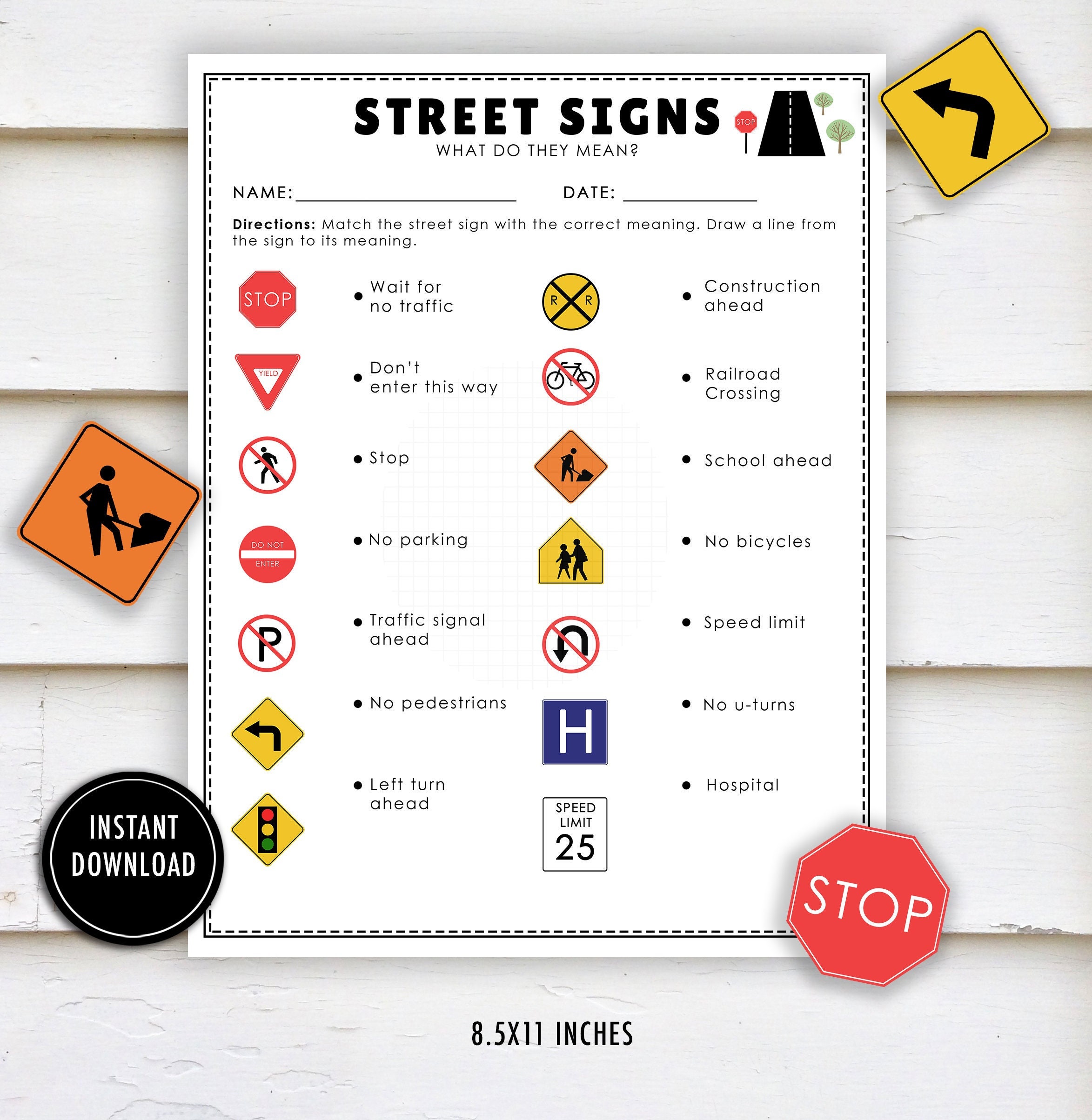 Road Sign Matching Worksheet Safety Sign Matching Worksheet