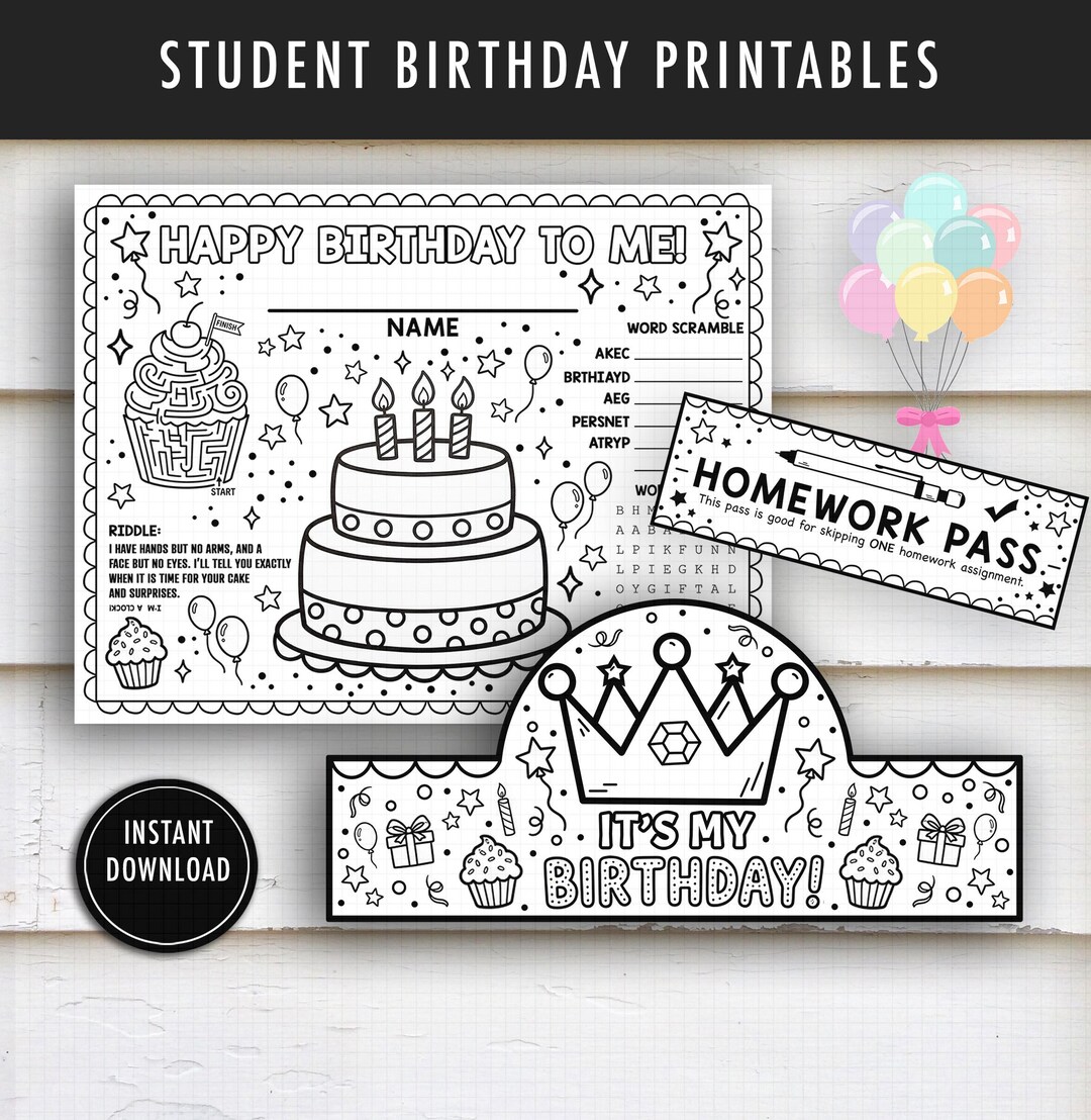 Student Birthday Printables Bundle – Placemat, Crown, Homework Pass ...