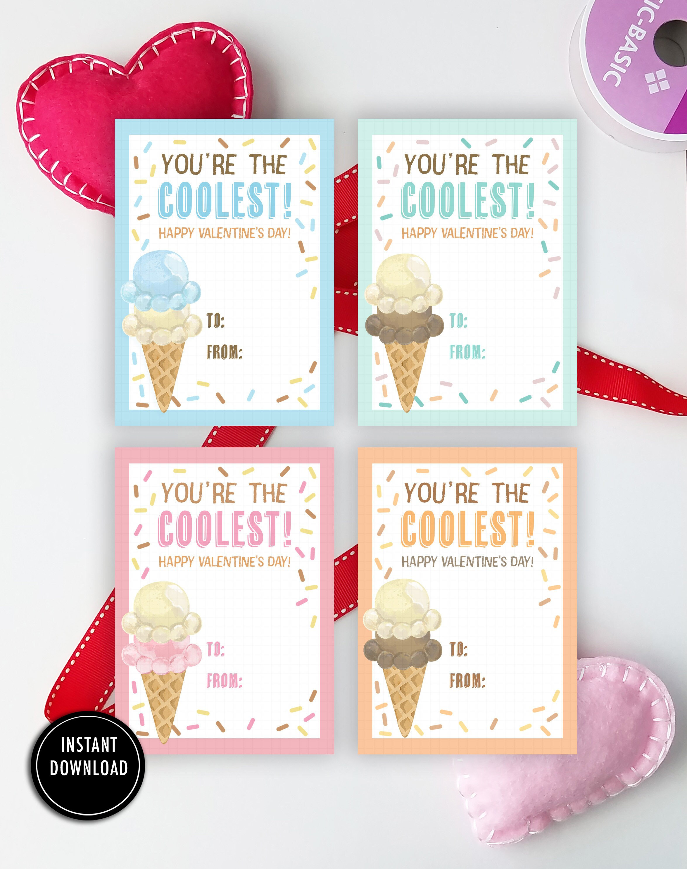 Ice Cream Valentine Cards: "you're the Coolest!" Printable (digital ...