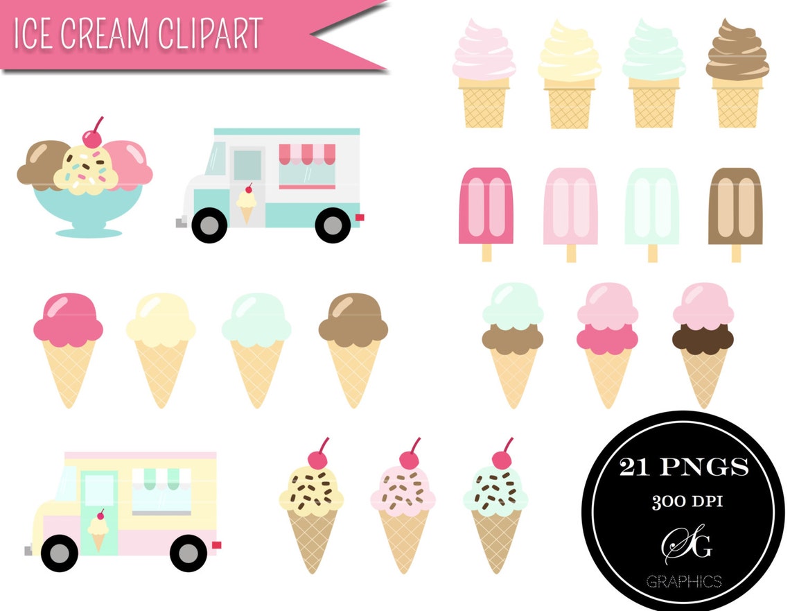 Ice Cream Clipart Set: Pink & Mint Digital Designs (21 Pngs) - Etsy