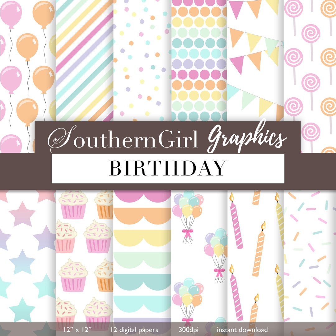 Birthday Digital Paper: "birthday Patterns" Rainbow Pastel, Rainbow ...