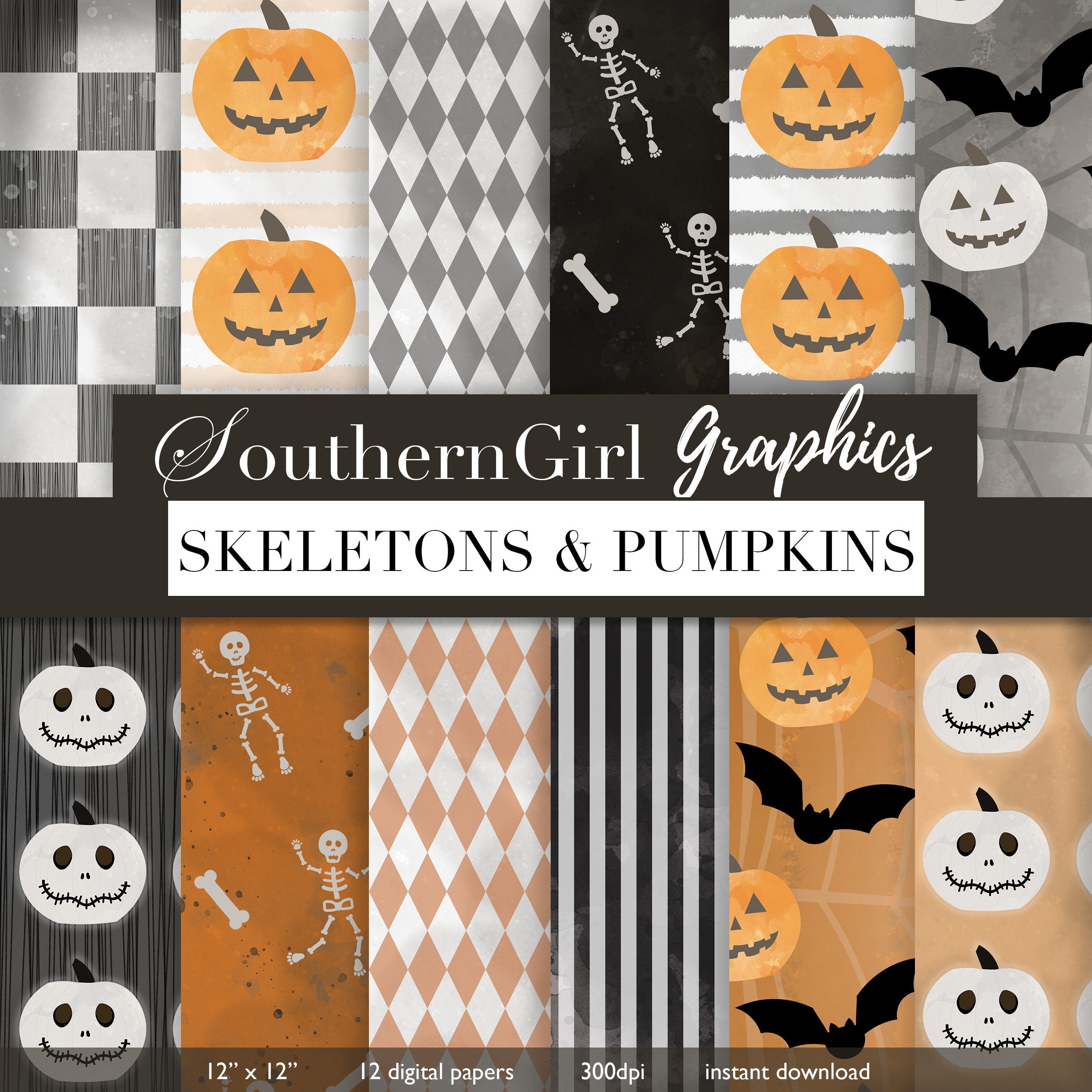 Halloween Digital Paper Pack – Skeleton, Pumpkin, Bats (12x12in ...