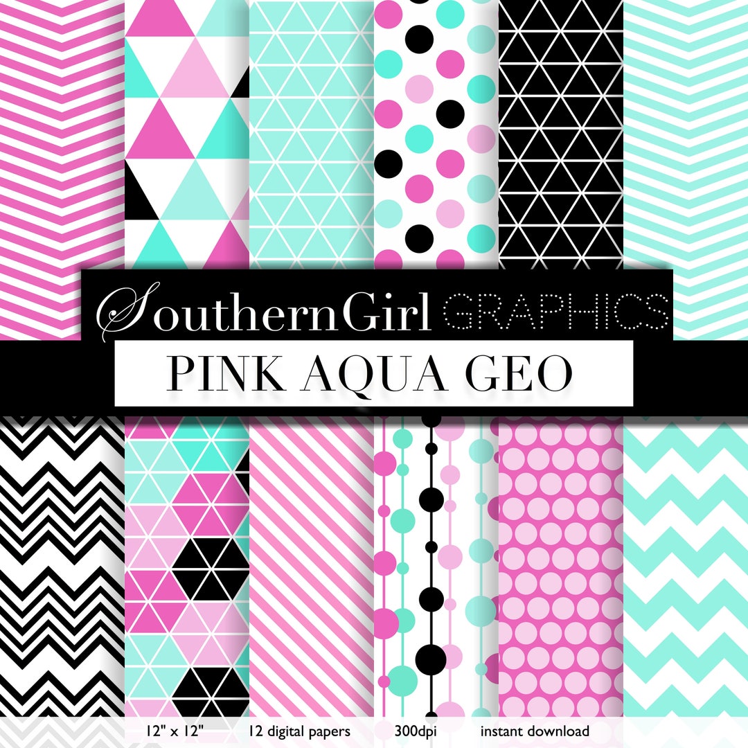 Pink Aqua Geometric Digital Paper - "pink AQUA Geo" With Pink, Aqua ...