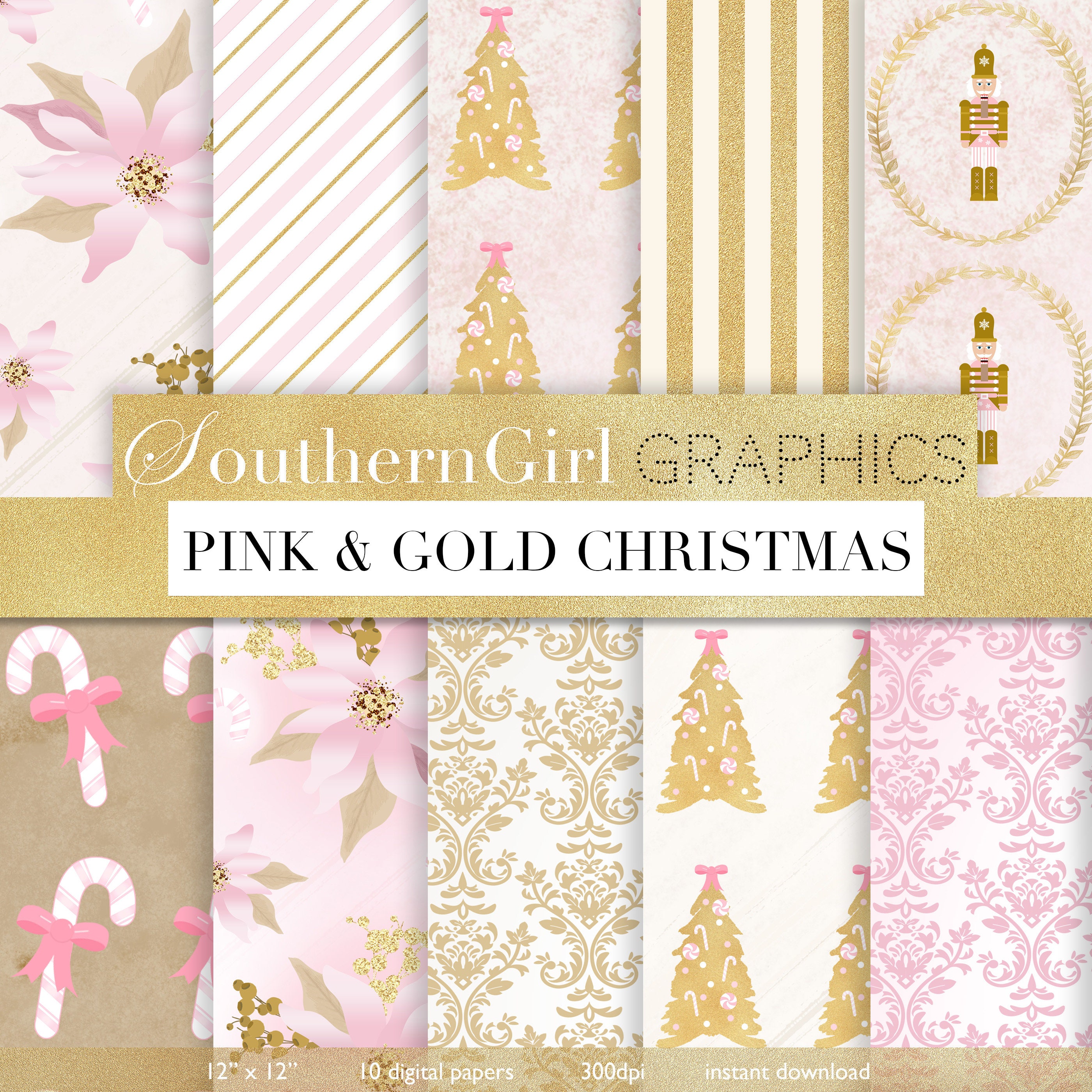 Pink and Gold Christmas Digital Paper pink - Etsy