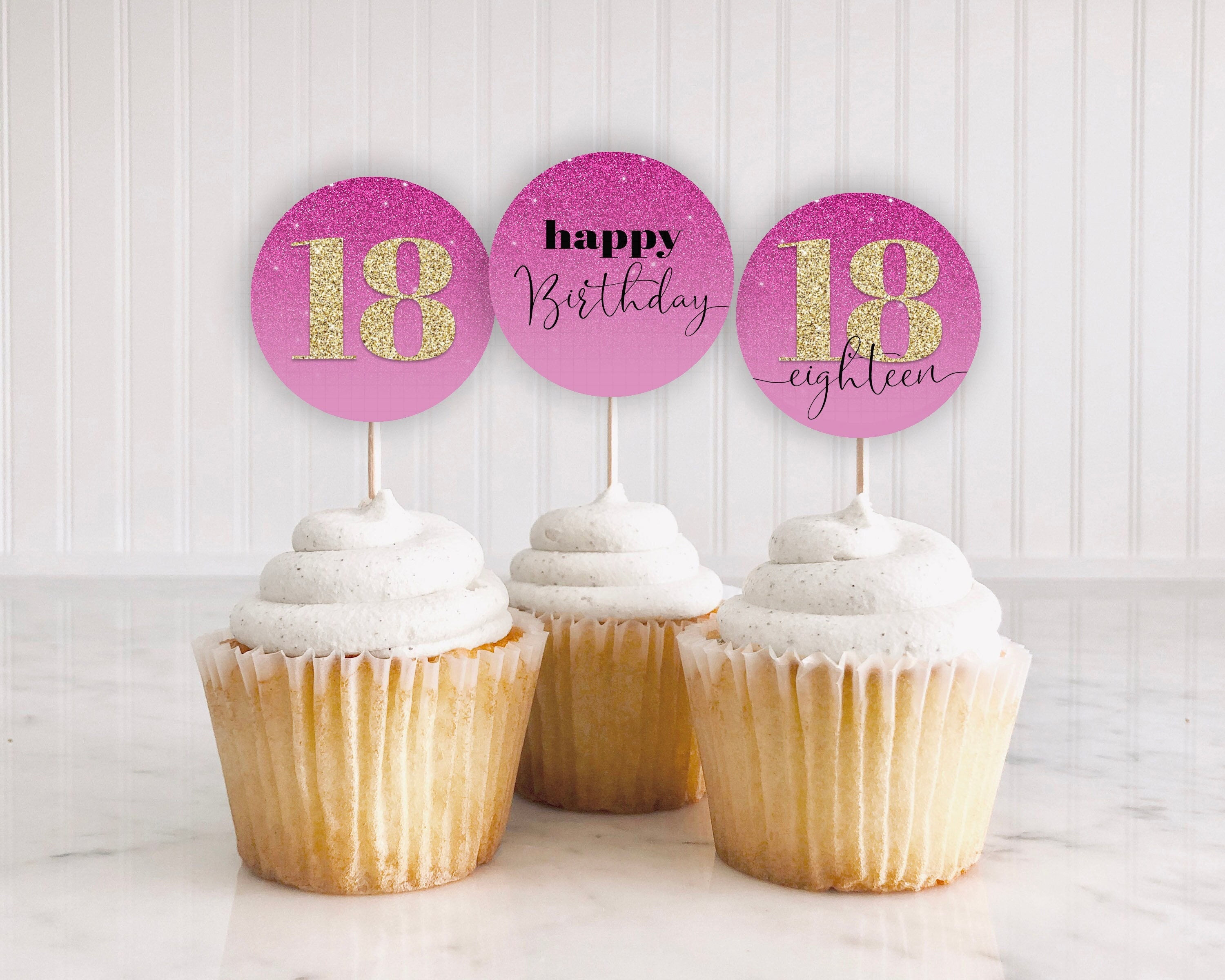 18th Cupcake Toppers Printable: "18 BIRTHDAY Cupcake" Pink Glitter ...