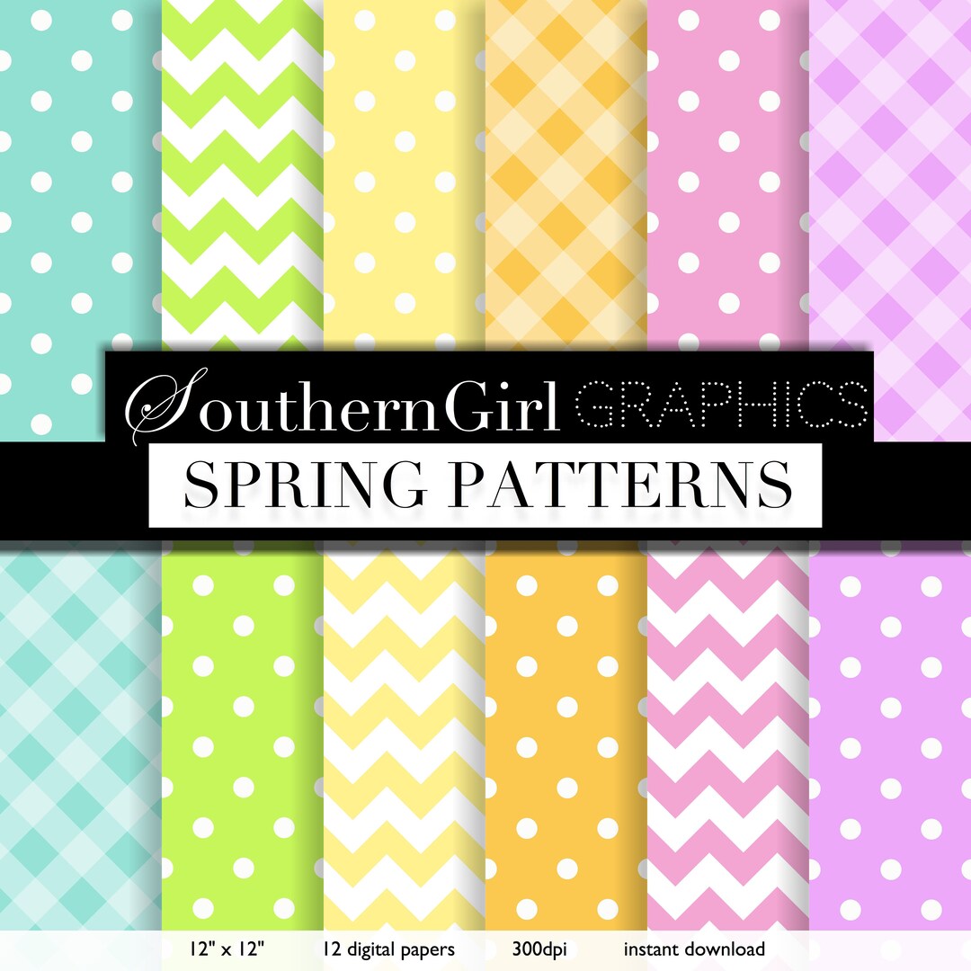 Spring Pastel Patterns Digital Paper: Gingham, Dot, Zigzag (digital ...