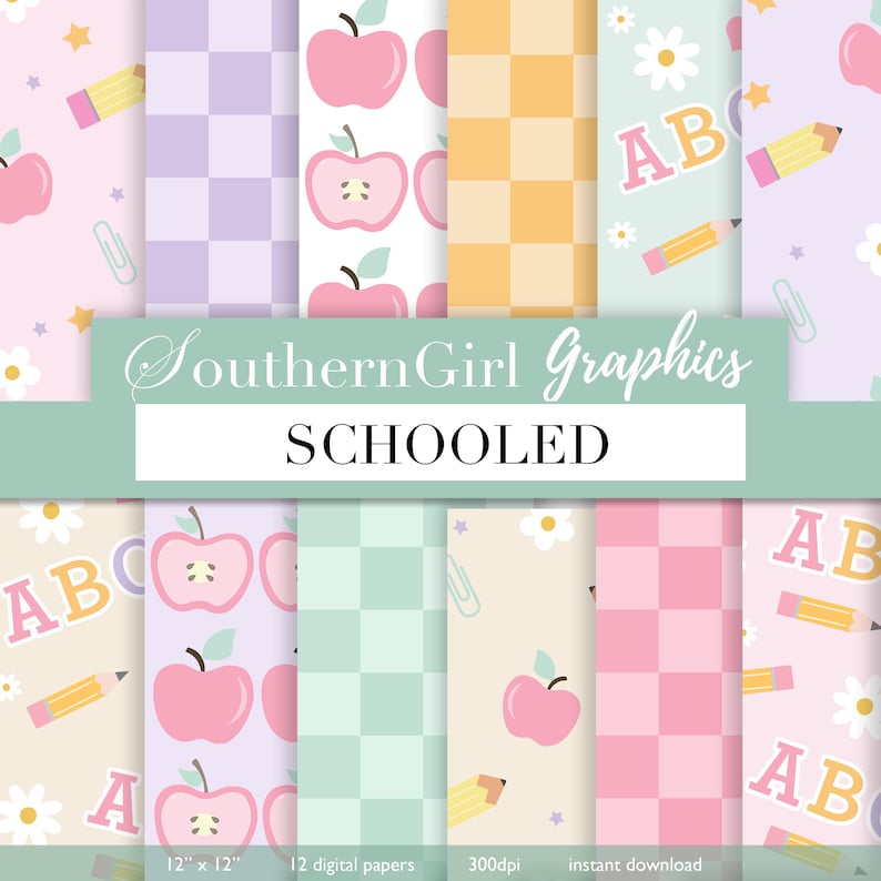 Preppy School Digital Paper Pack: Pink, Purple, & Checkerboard (12 X 12 ...