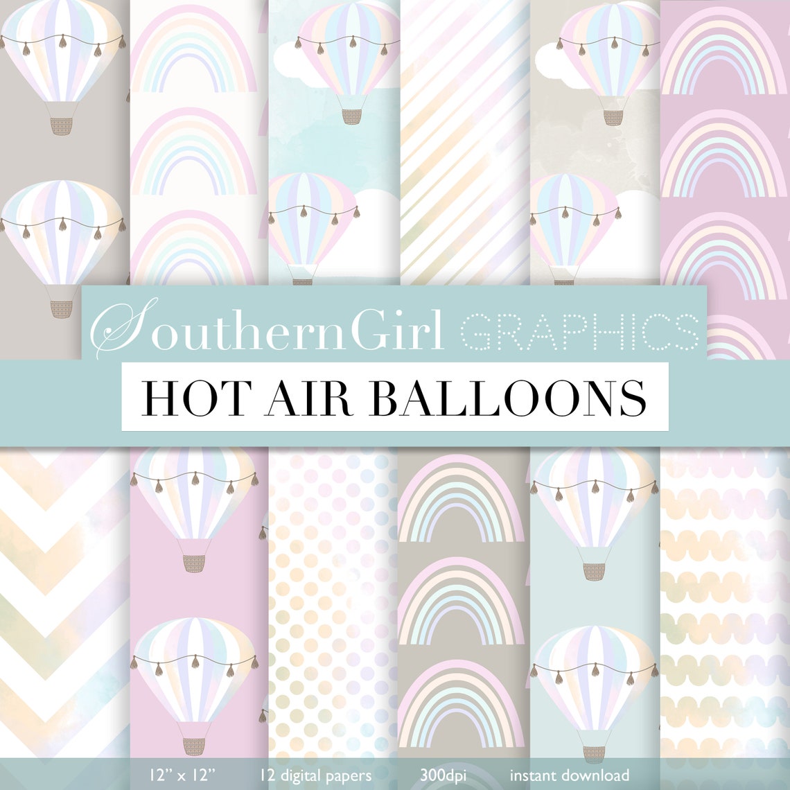 Hot Air Balloon Digital Paper: "boho Balloons" Rainbow Hot Air Balloons ...