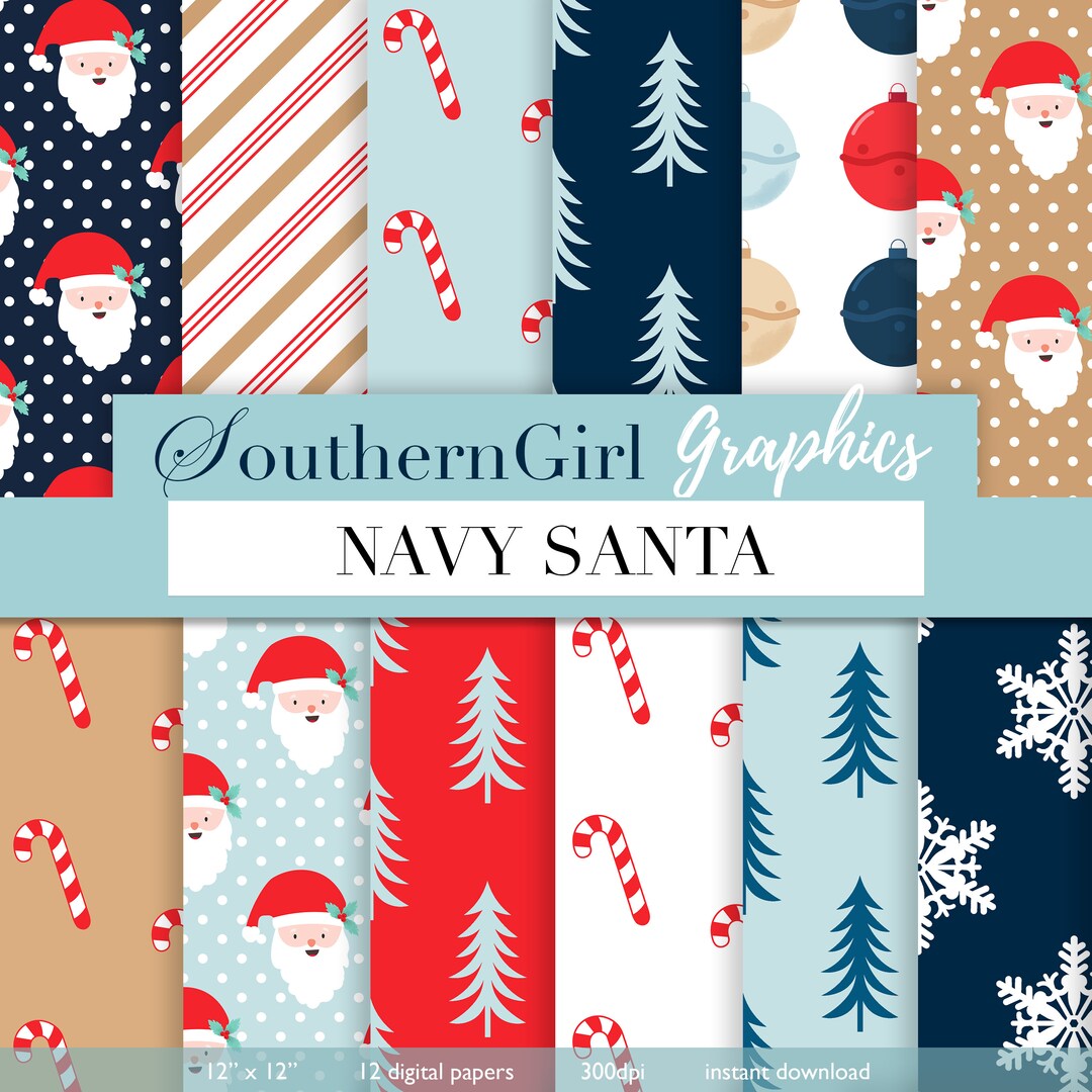 Blue Christmas Digital Paper - "blue Christmas" With Navy Blue, Santa ...