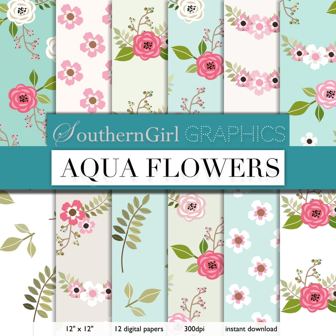 Spring Flower Digital Paper: "aqua Flowers" With Aqua, Turquoise, Pink ...