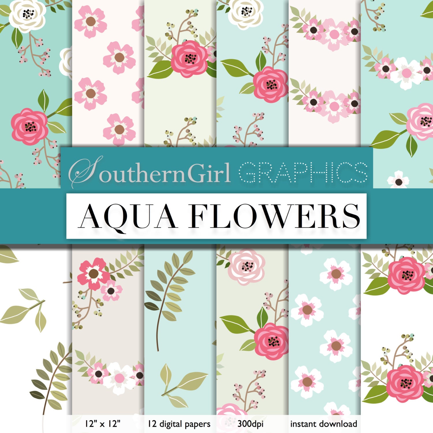 Spring flower digital paper: AQUA FLOWERS with - Etsy España