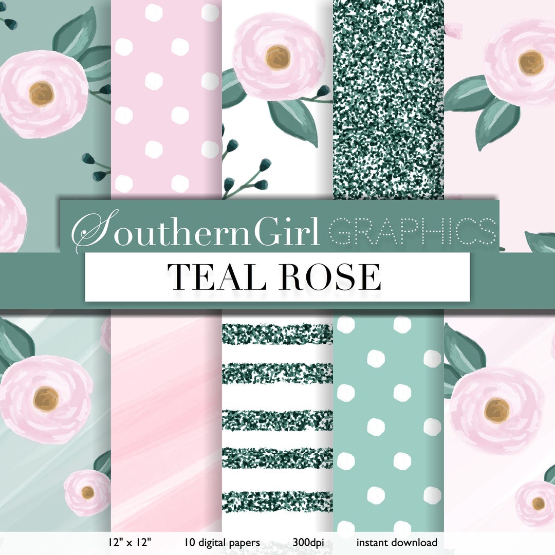 Teal Rose Watercolor Floral Digital Paper: Glitter Scrapbook Designs ...