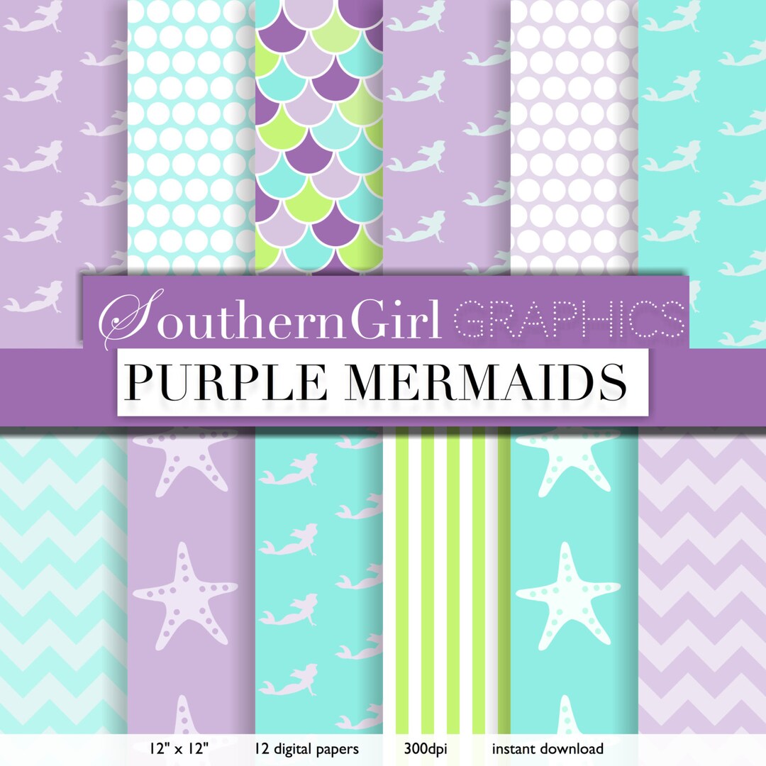 Purple Mermaid Digital Papers - "purple Mermaids" Mermaid, Starfish ...