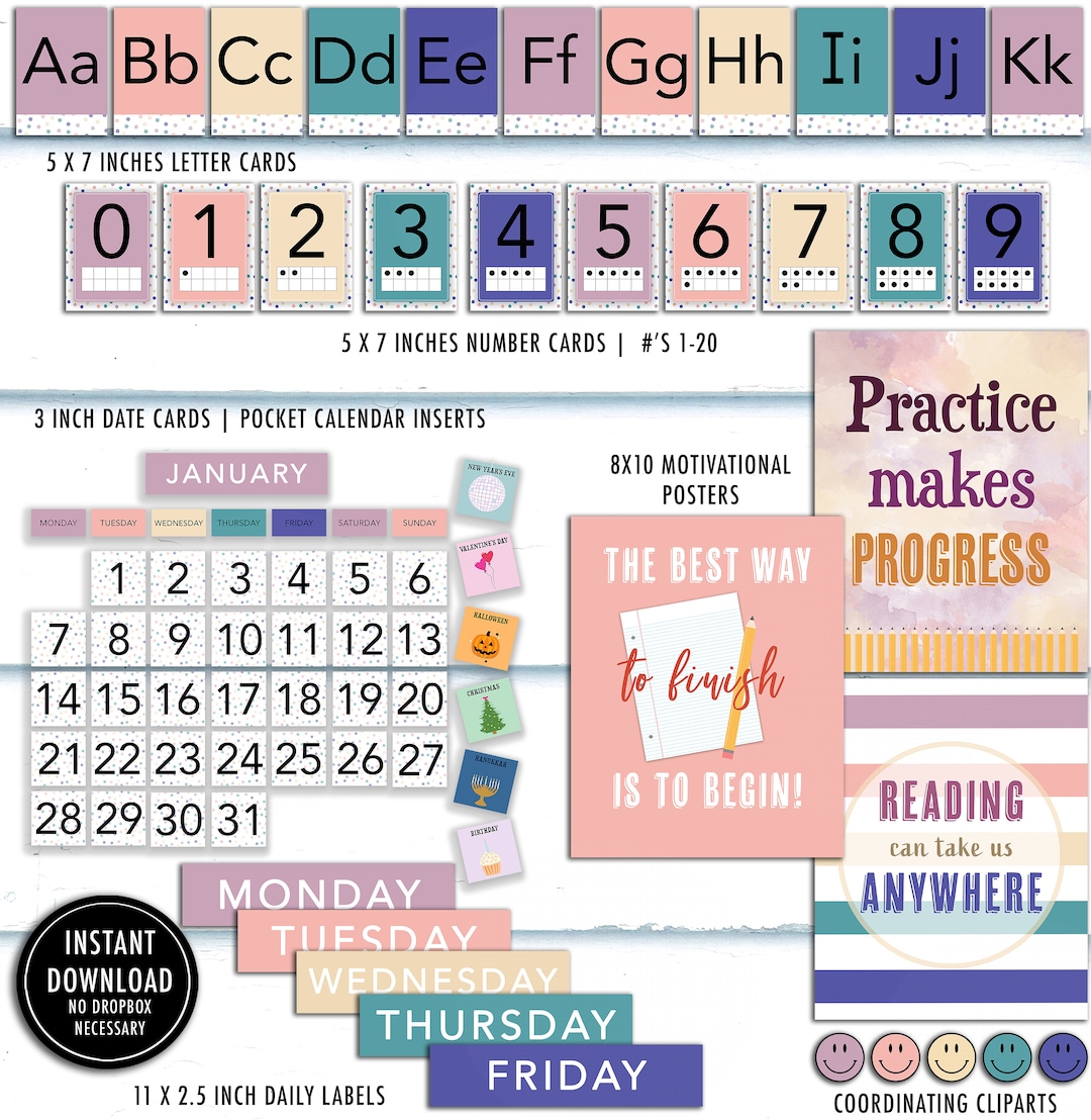 Muted Classroom Decor Bundle Printable- Jewel Tone, Pocket Chart ...