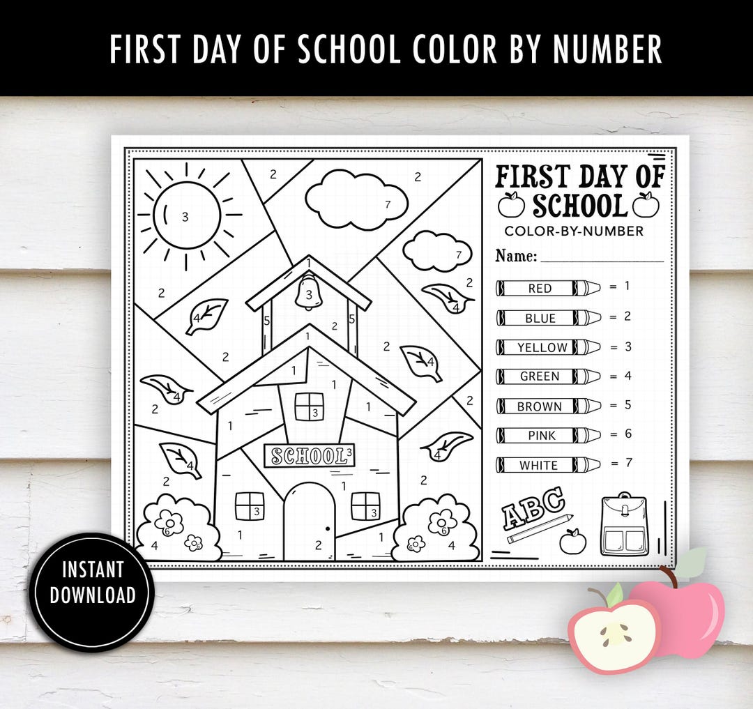 First Day of School Color by Number Worksheet (PDF Printable Activity ...