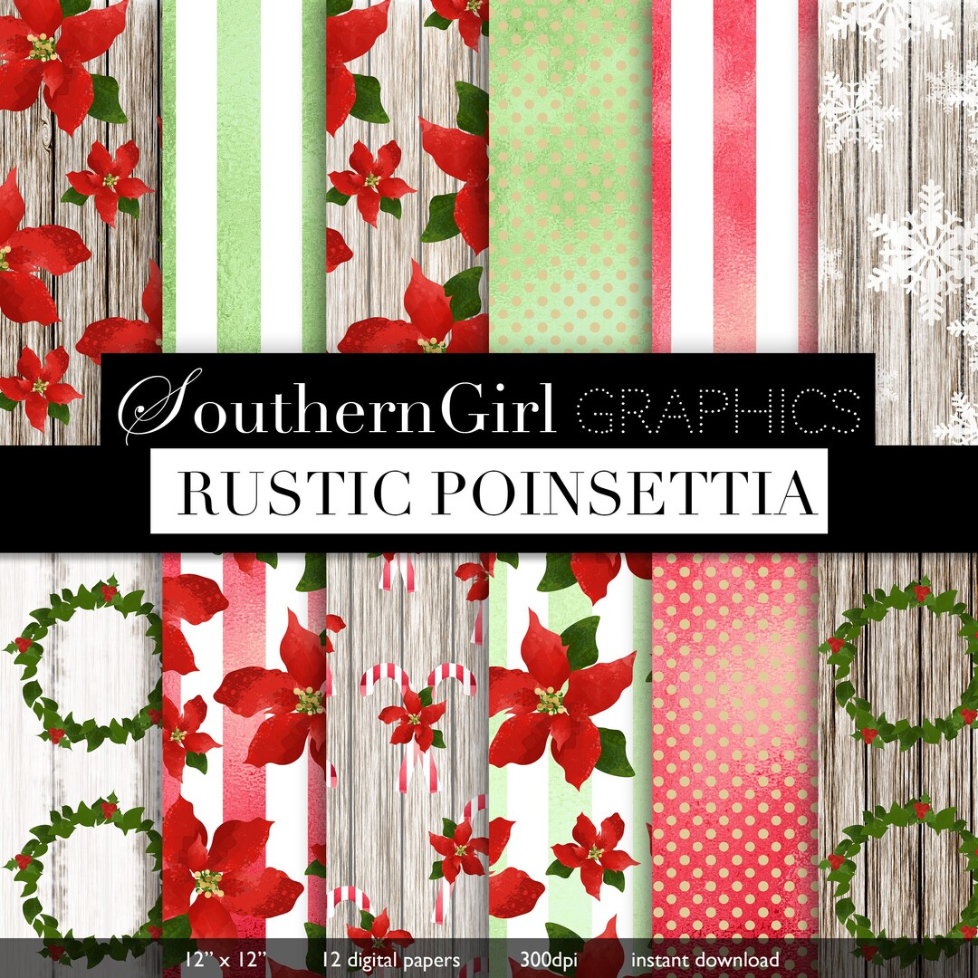 Poinsettia Digital Paper poinsettias With Rustic Christmas, Watercolor ...