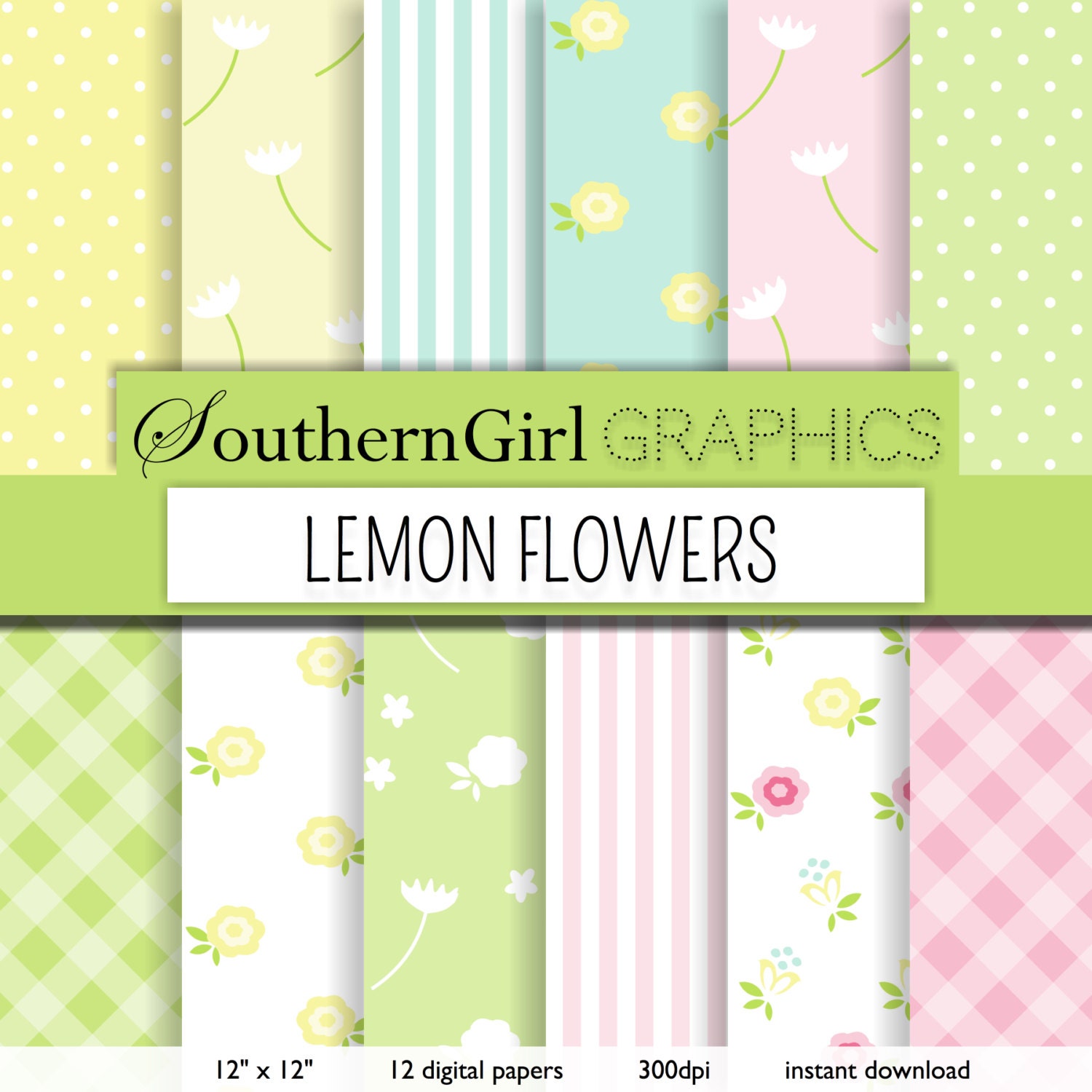 Yellow Floral Digital Paper yellow blue green pink | Etsy