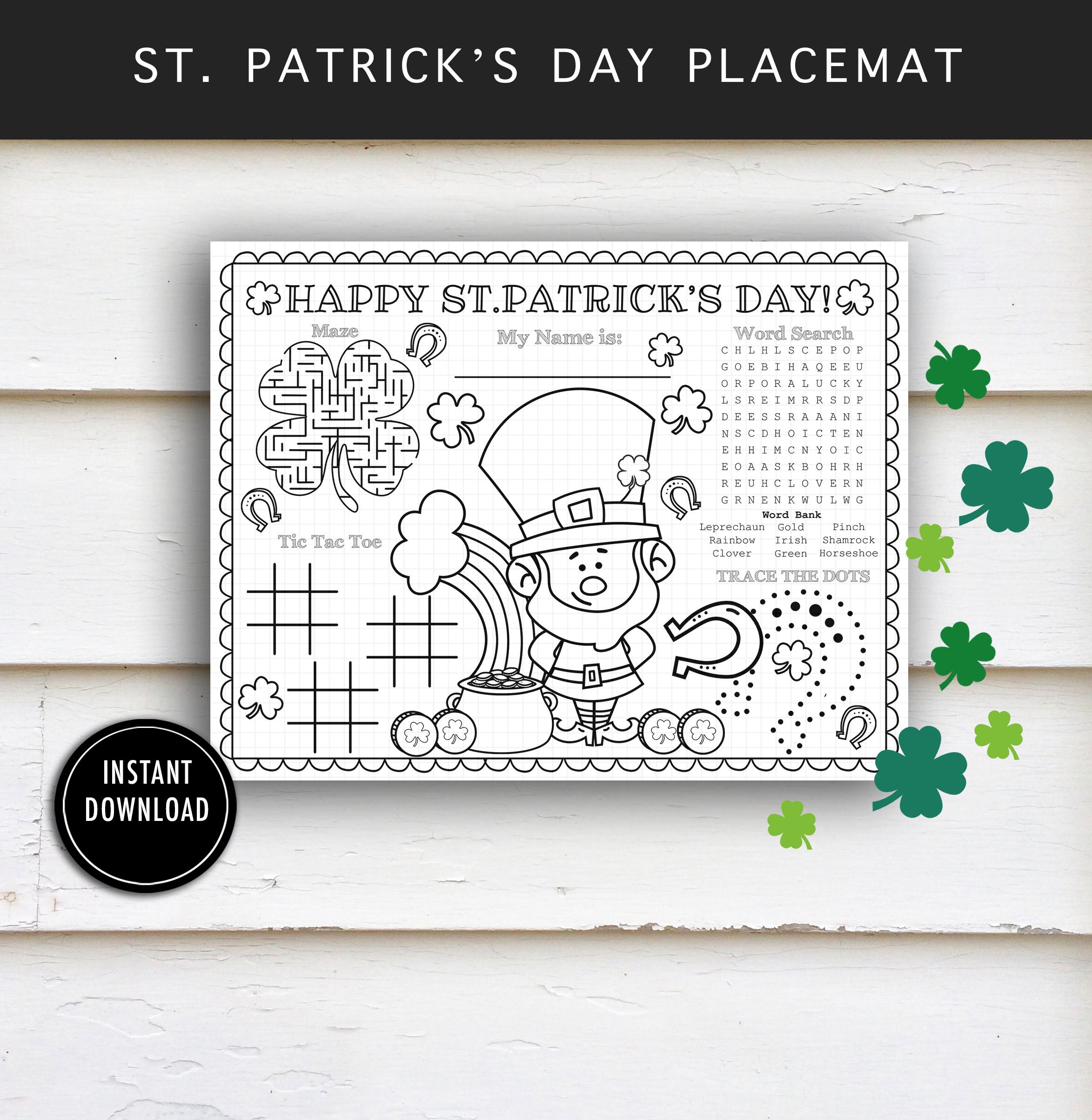 St. Patrick's Day Kids Activity Placemat – Coloring, Maze, Word Search ...