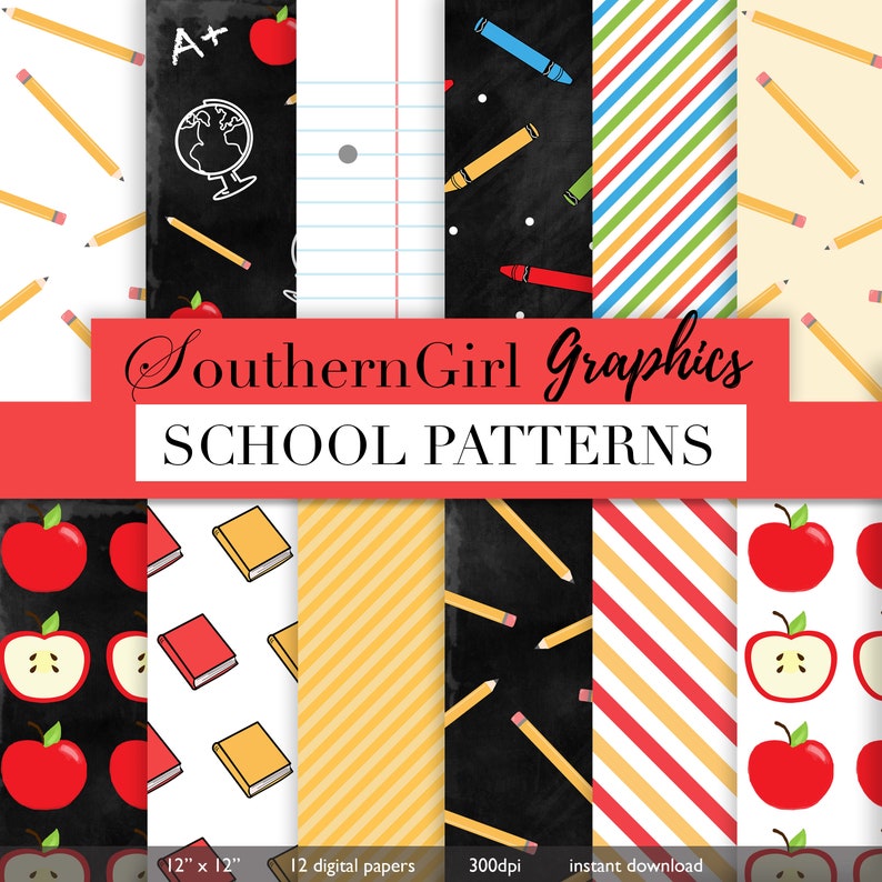 School Digital Paper - "school Patterns" With Apples, Pencils, Crayons ...