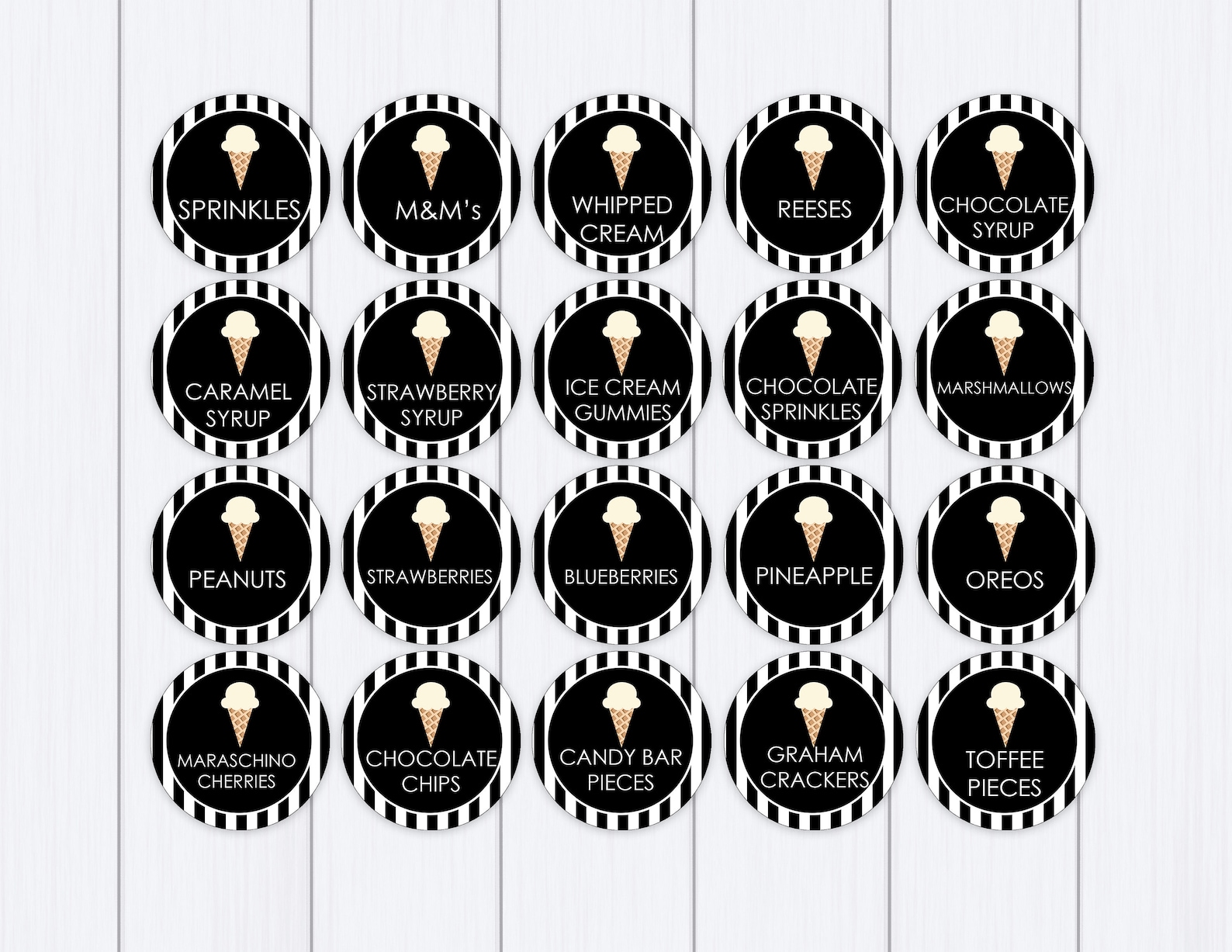 Ice Cream Bar Topping Labels: Black & White Striped Printables (digital ...