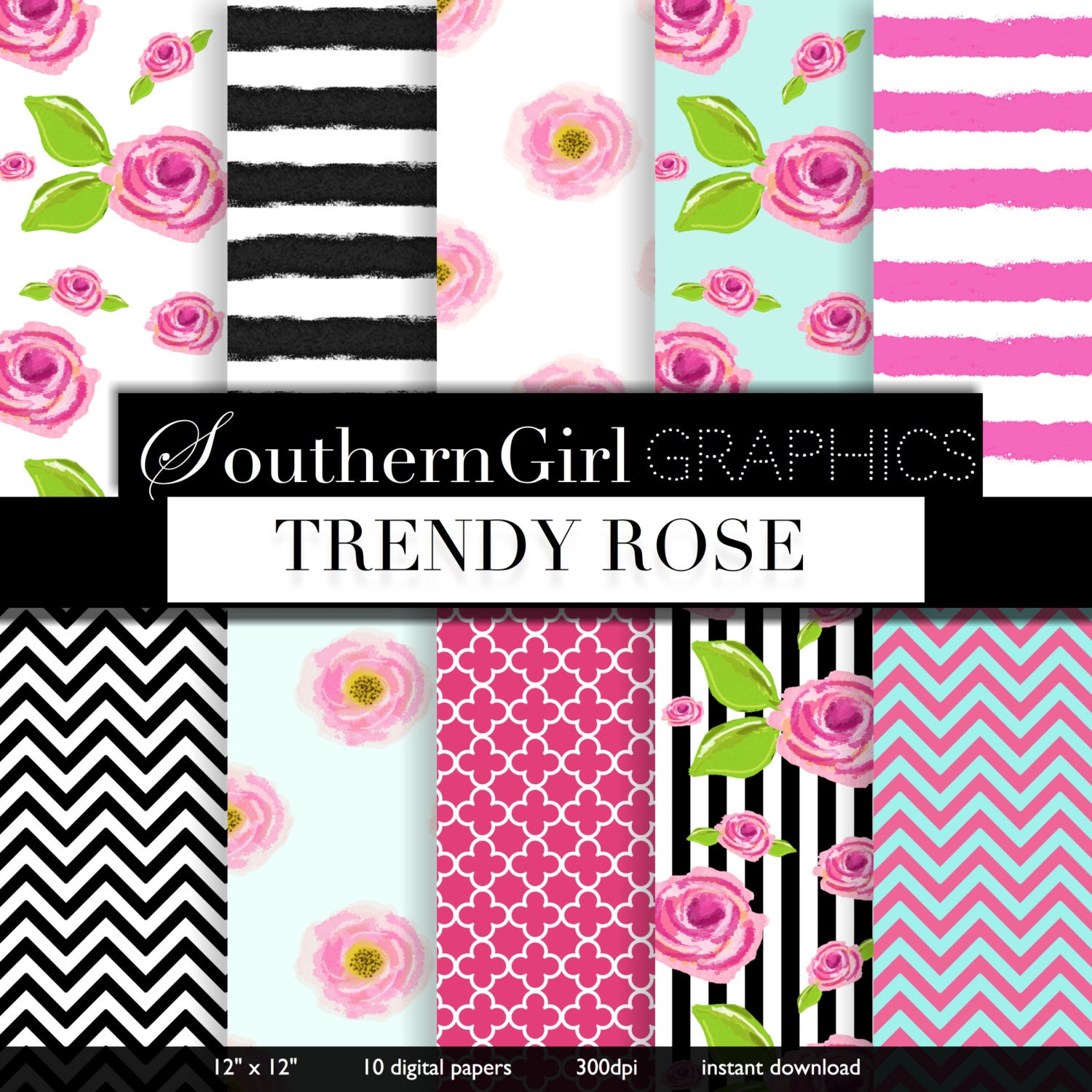 Watercolor Rose Digital Paper: "trendy Rose" With Pink, Blue, Green ...