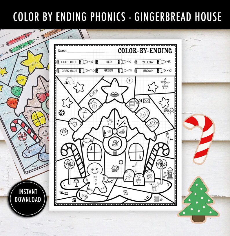 Gingerbread House Color by Ending Phonics Worksheet | Gingerbread Class ...