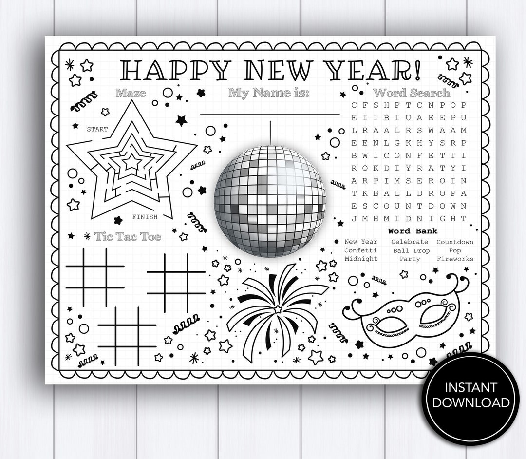 Noon Years Eve Printable Placemat - "new YEARS Placemat" Kids Table ...