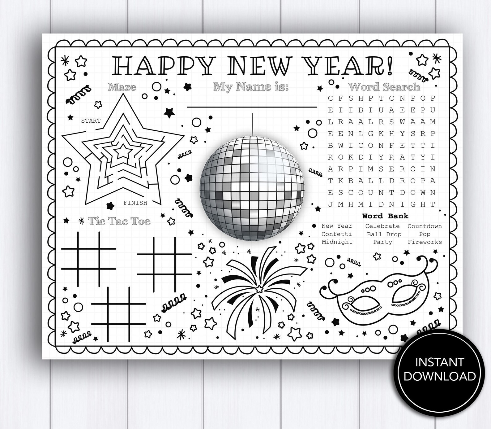 Noon Years Eve Printable Placemat - "new YEARS Placemat" Kids Table ...