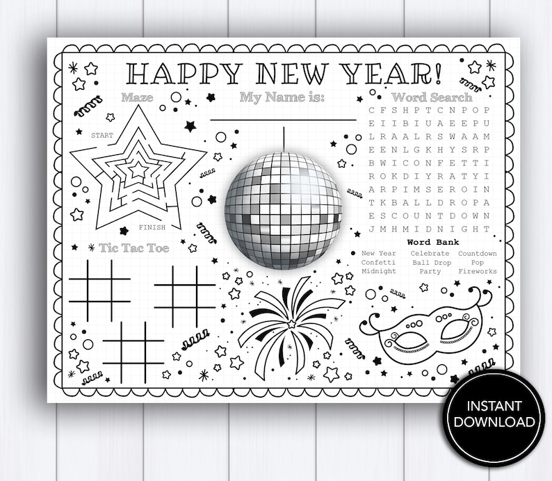 Noon Years Eve Printable Placemat - "new YEARS Placemat" Kids Table ...