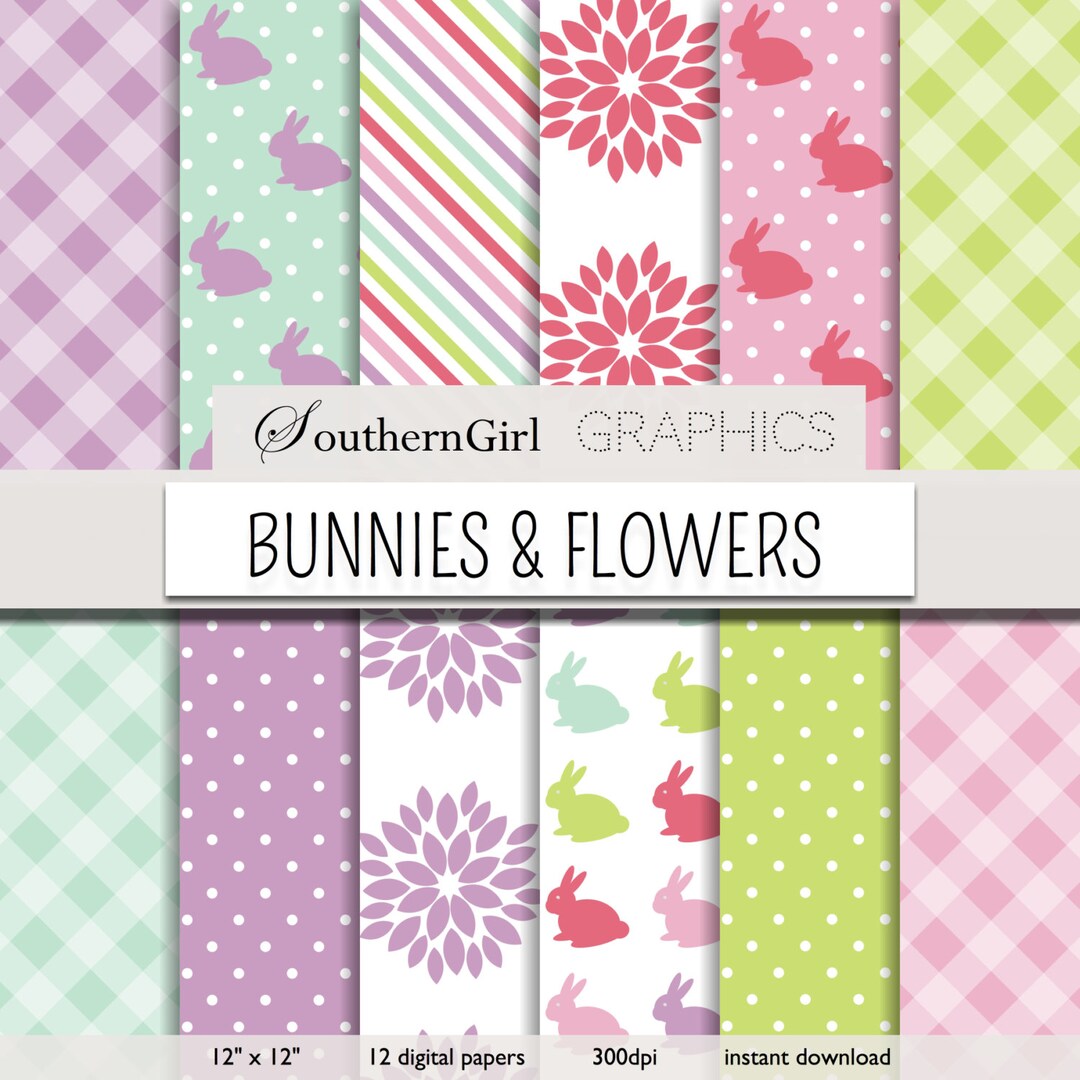 SALE! Bunnies & Flowers Digital Paper: Bunny, Rabbit, Flower, Striped ...