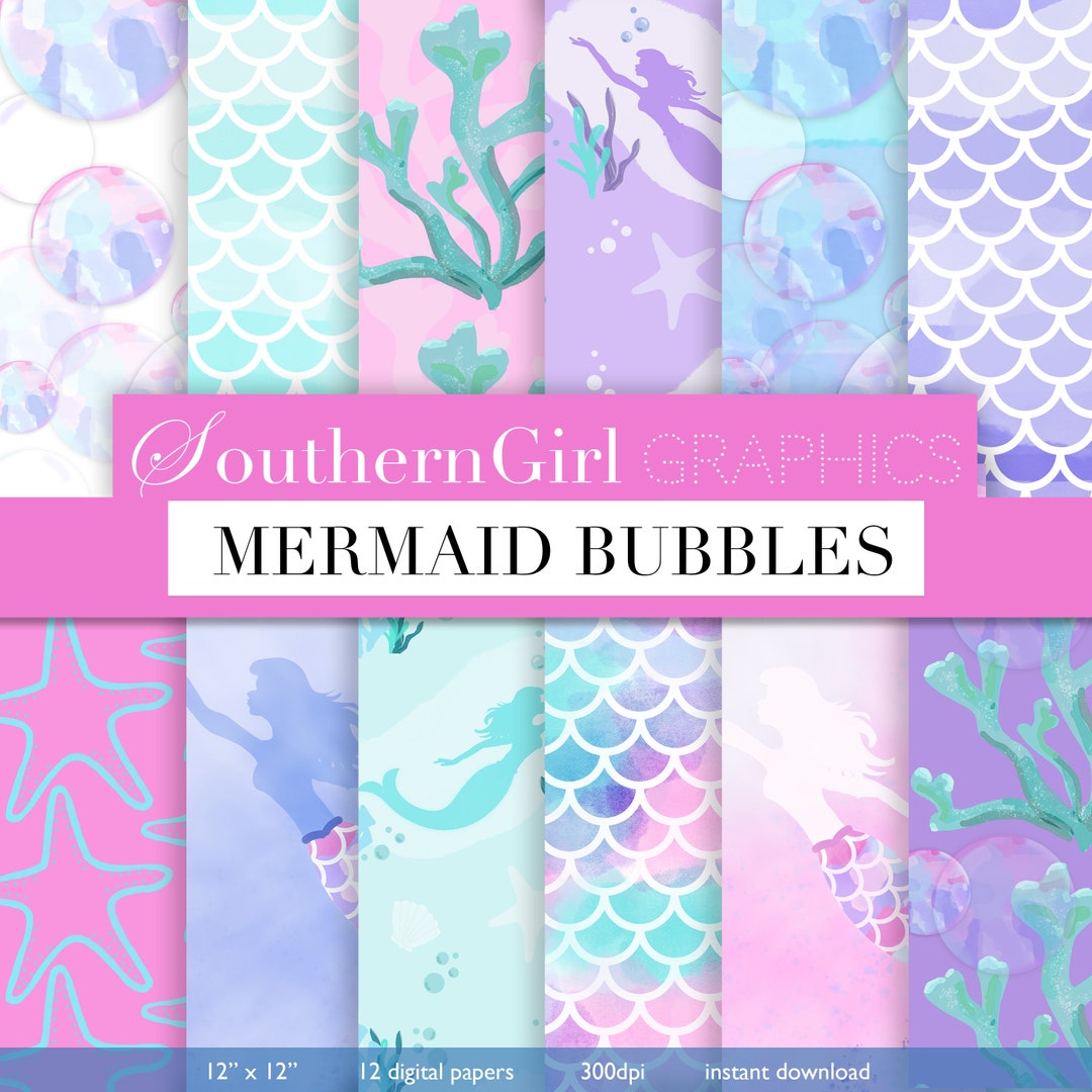 Mermaid Digital Paper: "mermaids" Pink Purple Mermaids, Bubble Digital ...