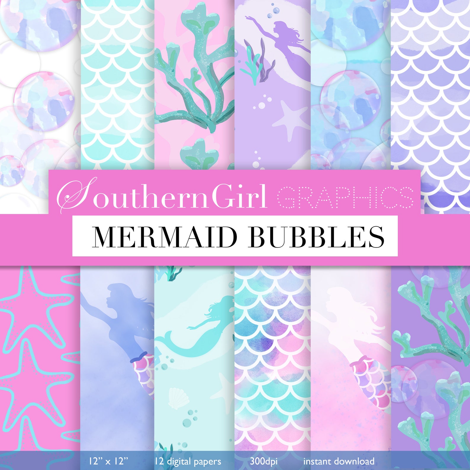 Mermaid Digital Paper: "MERMAIDS" pink purple mermaids, bubble digital ...