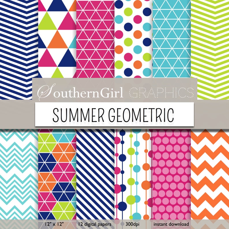 Bright Geometric Digital Paper - "summer Geometric" With Blue, Pink ...