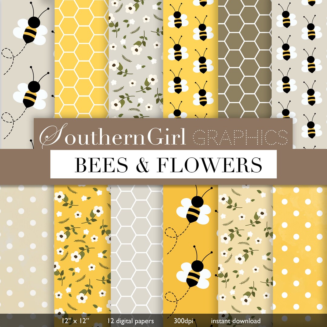 Bee Digital Paper - "bees & Flowers" Yellow Floral, White Floral, Fall ...