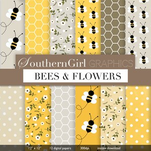 Bee Digital Paper - "bees & Flowers" Yellow Floral, White Floral, Fall ...