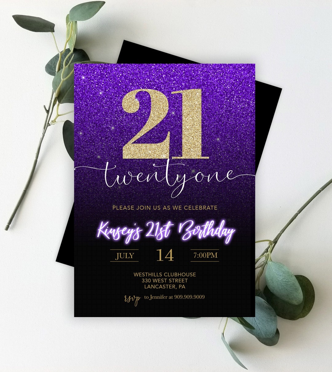 21st Birthday Invitation Printable: "glitter 21ST Invitation" Purple ...