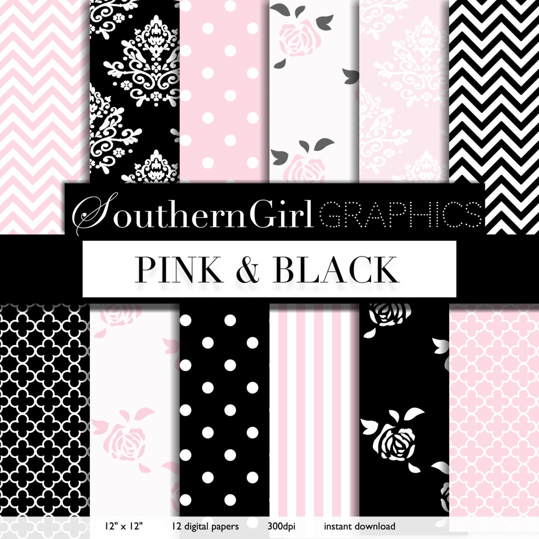 Pink and Black Digital Paper: "pink AND Black" With Pink, Black, Damask ...