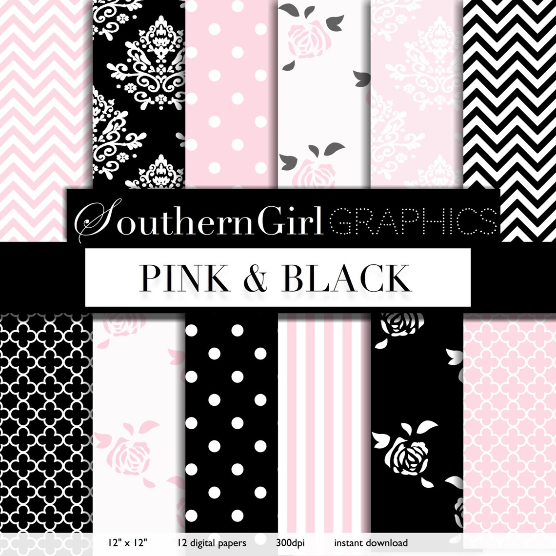 Pink and Black Digital Paper Pack: Chic Damask, Roses (digital Download ...