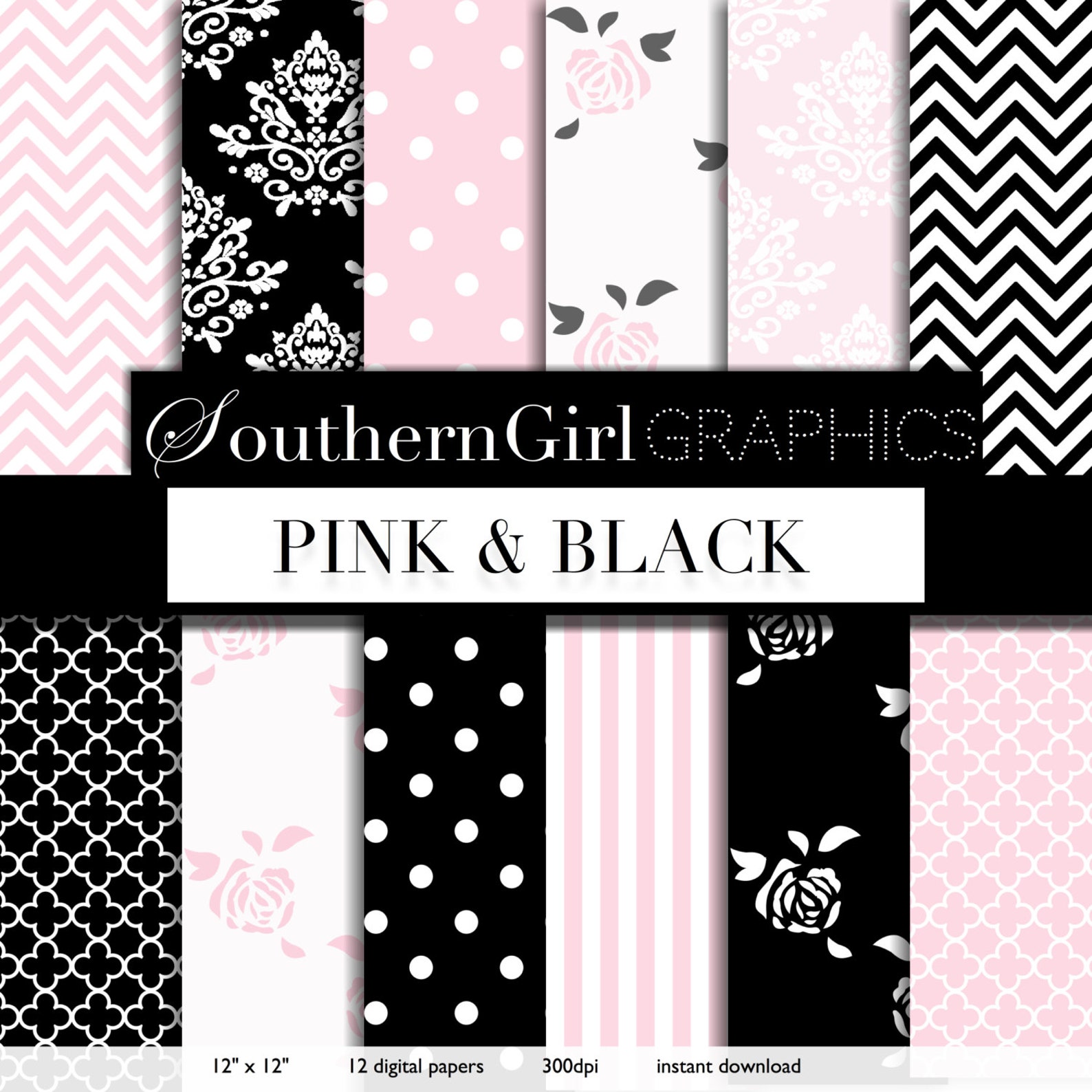 Pink and Black Digital Paper: pink AND Black With - Etsy