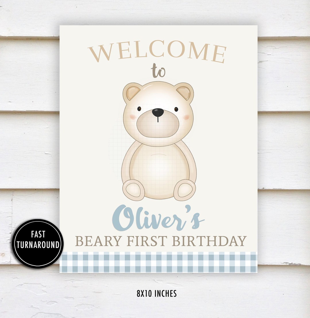 Beary First Birthday Welcome Sign Printable File "bear Birthday" Boy ...